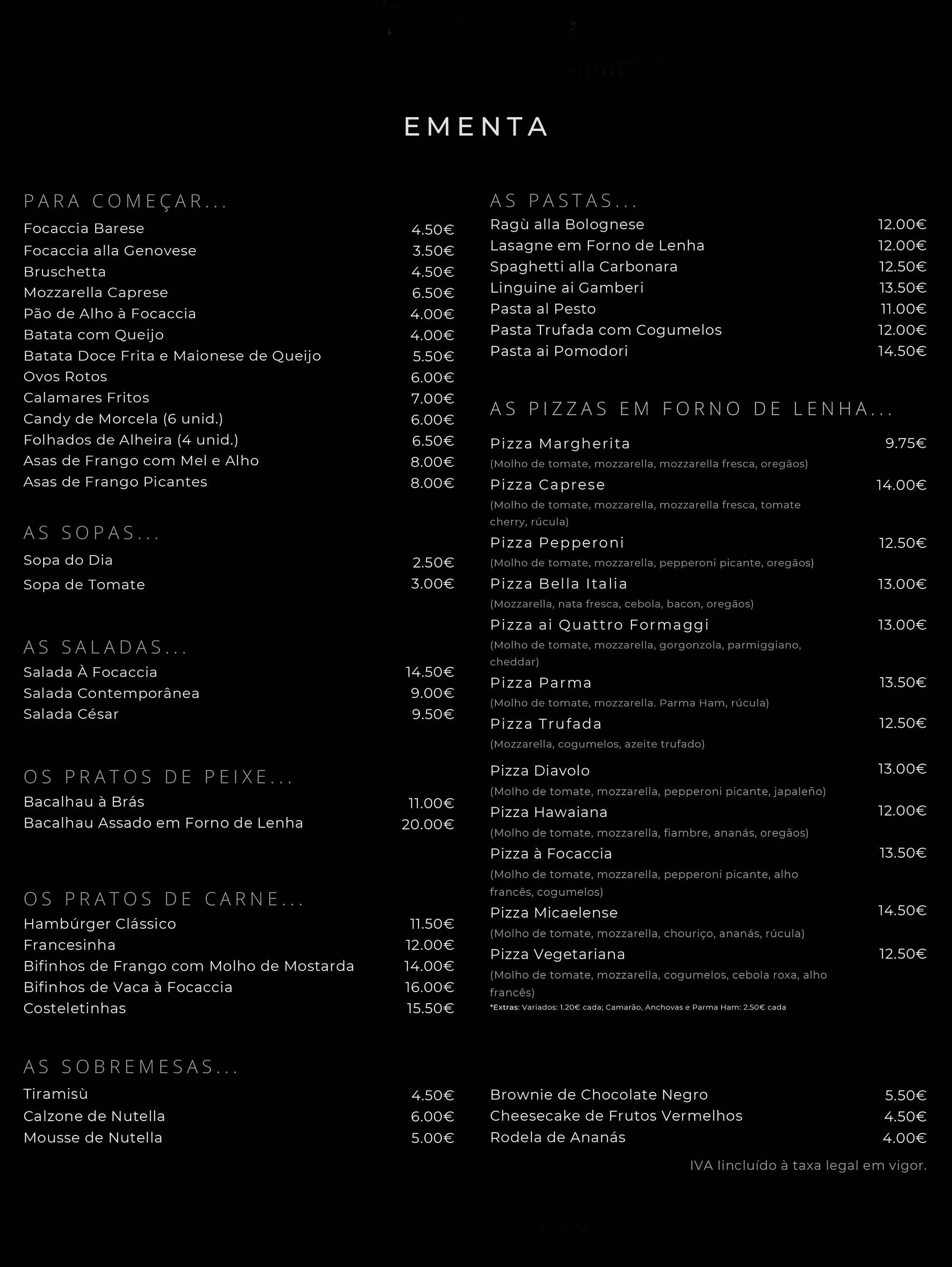 Ementa | Foccacia Restaurante & Bar - Ponta Delgada