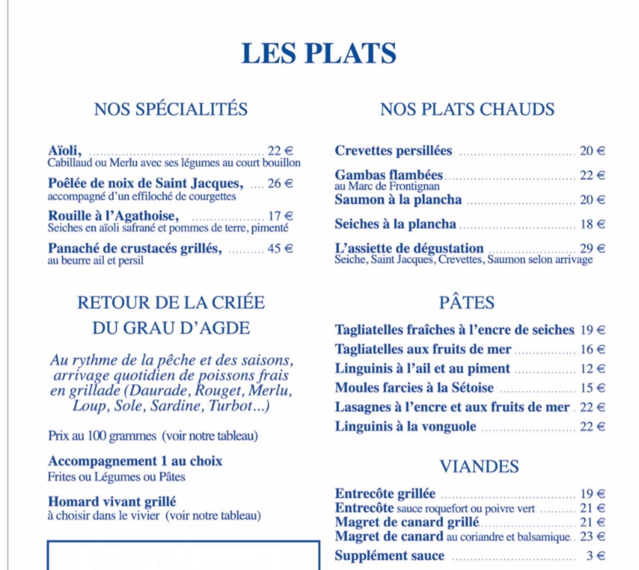 Restaurant de fruits de mer et de poissons situé au Cap d'Agde