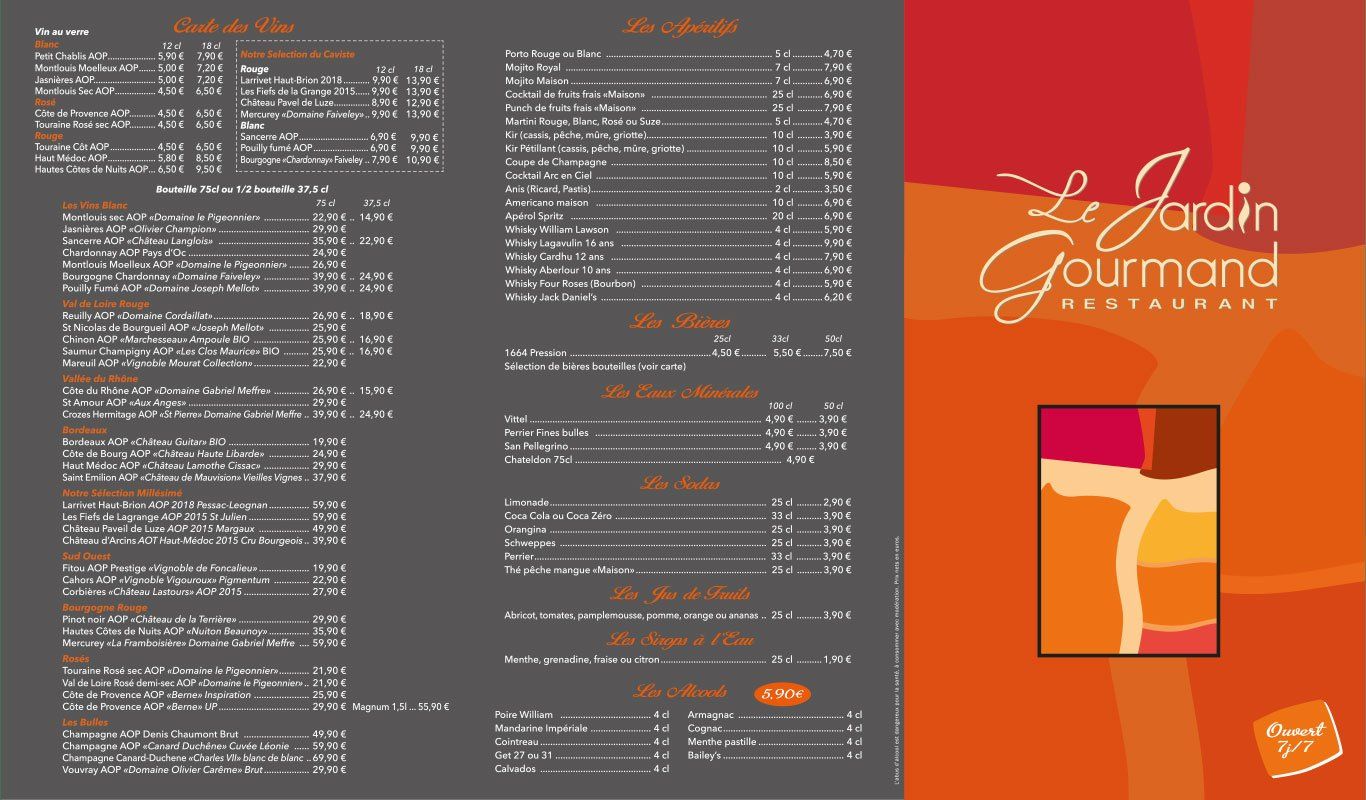 Carte du restaurant traditionnel Jardin Gourmand au Mans